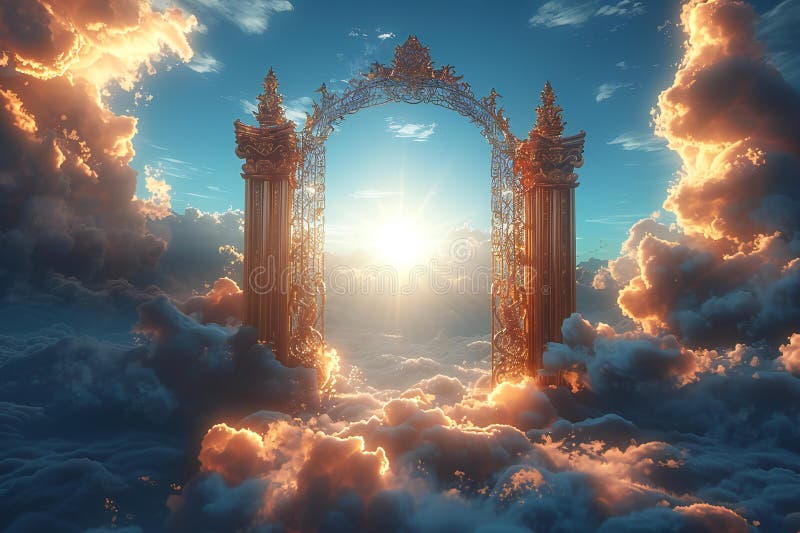 Large Open Gates of Heaven in the Clouds, Blue Sky Background, Bright ...