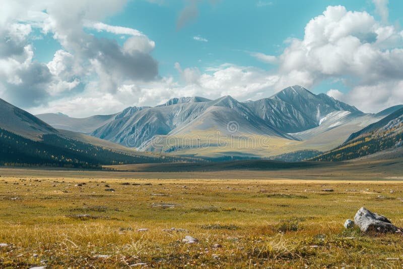 A Large Open Grassy Field with Mountains Visible in the Distance Stock ...