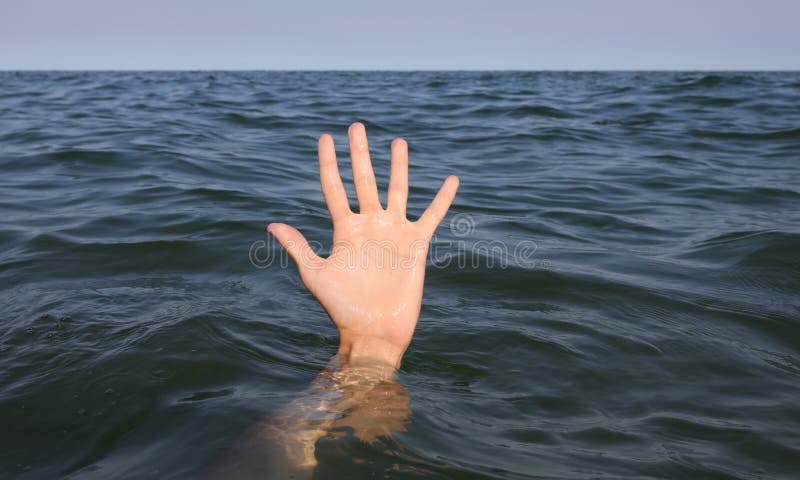 Hand with Five Fingers Sticking Out of the Surface of the Sea Th Stock ...