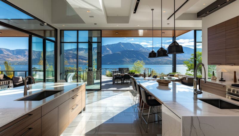 A Large Open Kitchen with a View of the Mountains and a Lake by AI ...