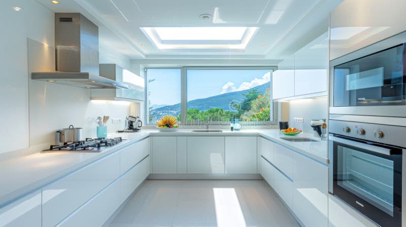 A Large, Open Kitchen with a Window Overlooking a Mountain Stock Photo ...