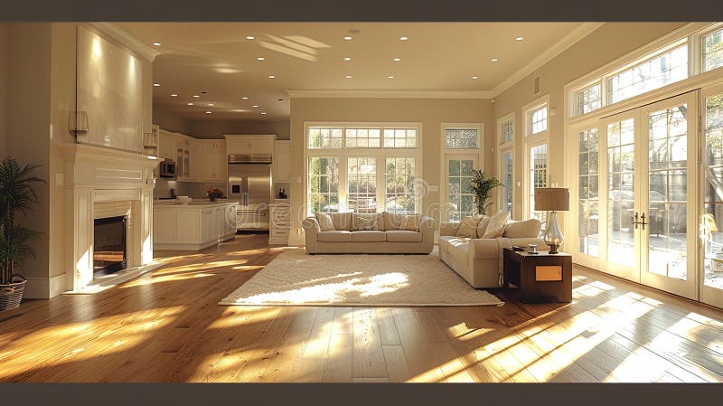 A Large Open Living Room with a Fireplace, a Couch, and a Coffee Table ...