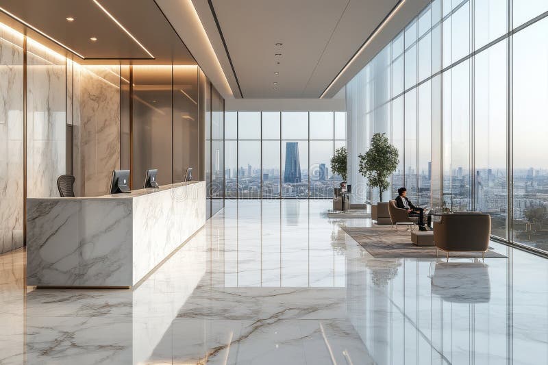 A Large, Open Lobby with a Marble Counter and a Few Chairs Stock Photo ...