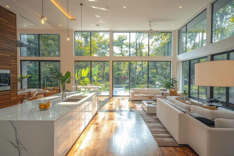 Large Open Modern Living Room with White Kitchen and Couch Stock ...