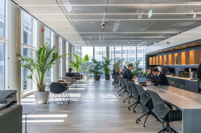 A Large Open Office Filled with People Working at Desks while ...