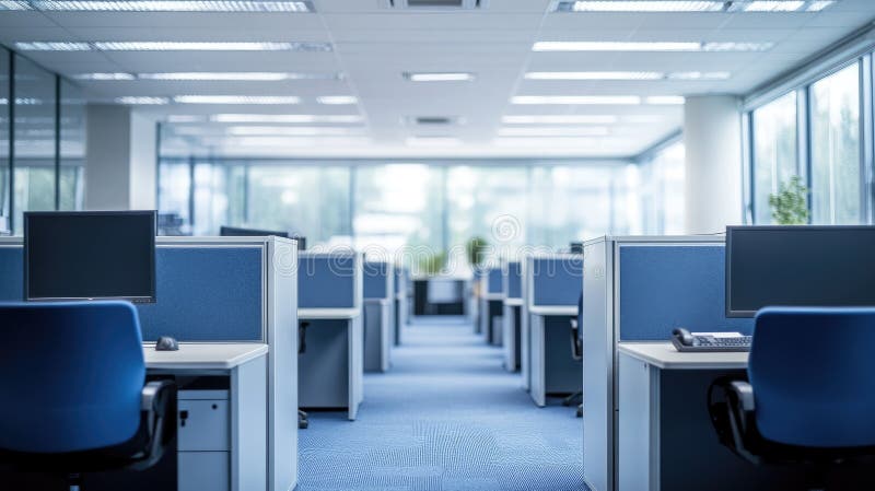 A Large Open Office Space with Blue Cubicles and Chairs Stock ...