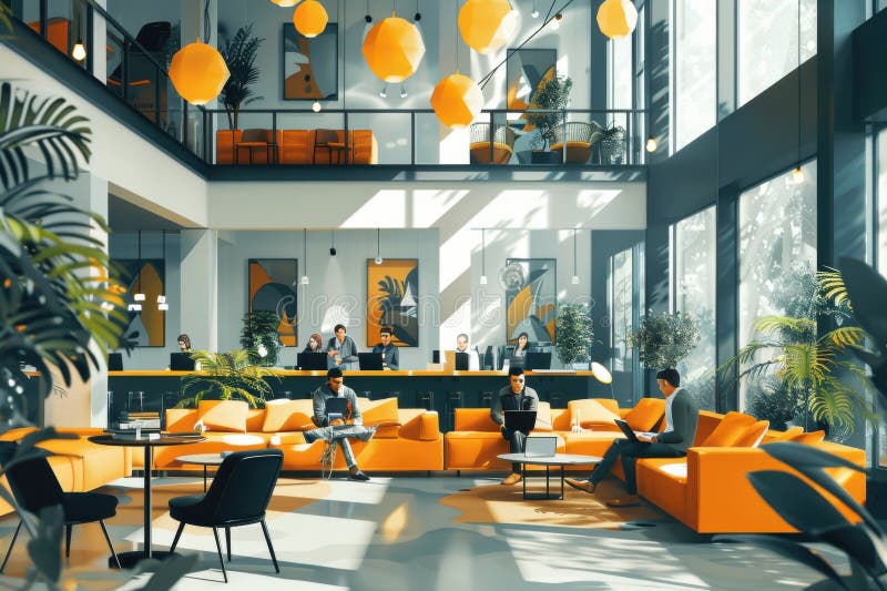 A Large Open Office Space with a Couch, Coffee Table, and Potted Plants ...