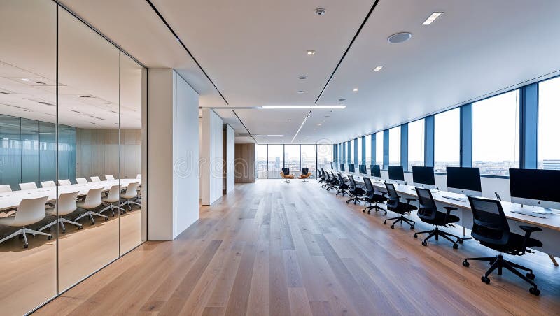 Large Open Office Space with a Long Hallway and Many Desks Stock ...