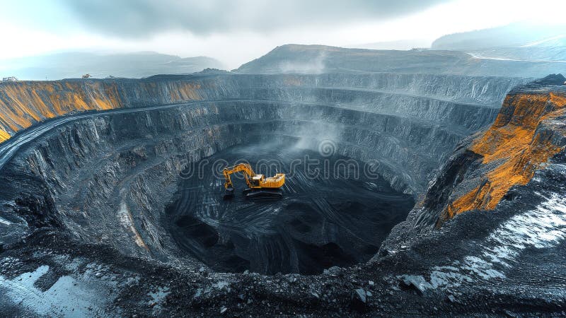 Large Open-pit Coal Mining Operation Featuring Heavy Machinery in a ...