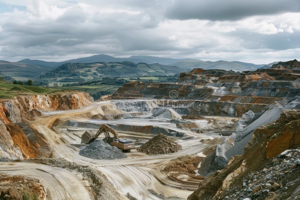 A Large Open Pit Mine Surrounded by Piles of Dirt and Earth Stock Photo ...