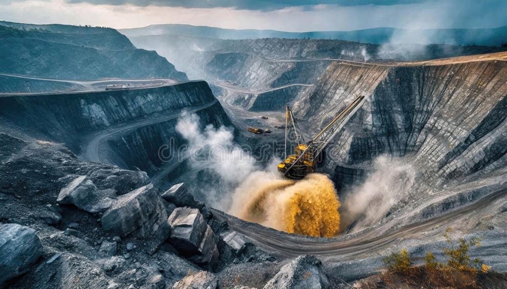 Large Open-pit Mining Operation with Machinery Expelling Soil and Dust ...