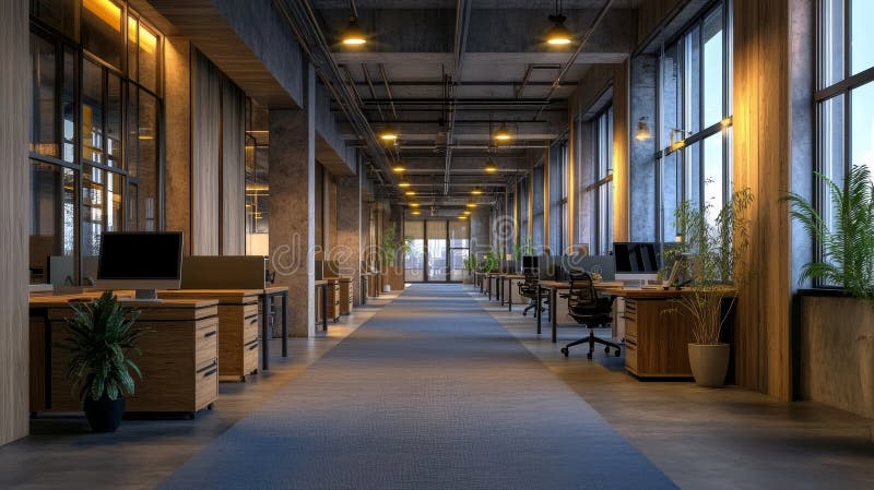 Large Open-plan Office with High Ceilings, Multiple Rows, and is Empty ...