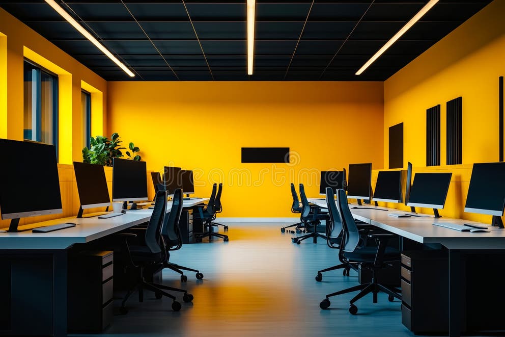 A Large Open Plan Office with Multiple Computer Desks and Chairs Stock ...