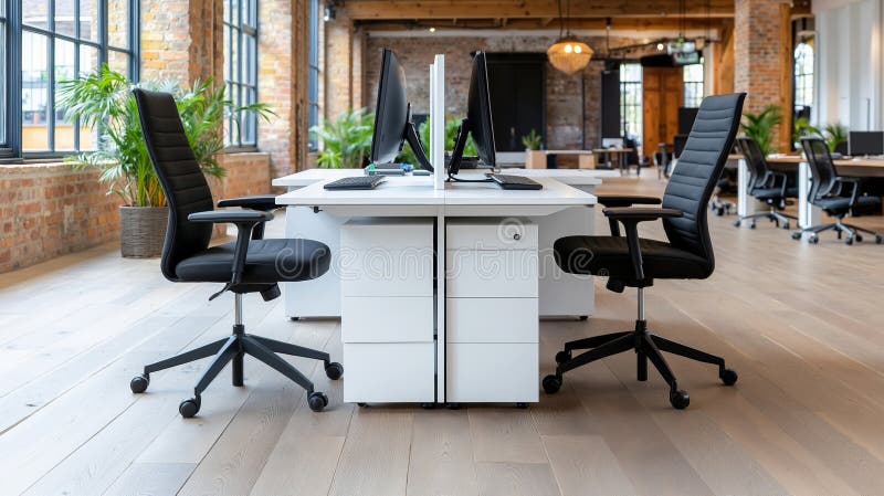 A Large Open Plan Office with Two Computer Desks and Two Chairs Stock ...