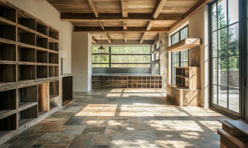 A Large Open Room with a Fireplace and a Kitchen Stock Photo - Image of ...