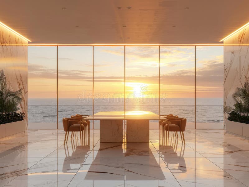 A Large Open Space with a View of the Ocean and a Table with Chairs ...