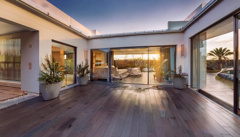 A Large Open Space with a Wooden Floor and a Balcony Stock Illustration ...