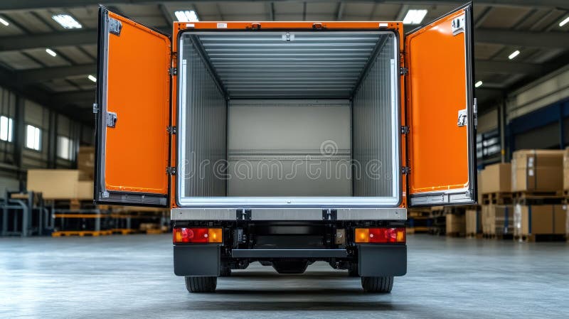 A Large Open Truck with a Orange Door Stock Photo - Image of white ...
