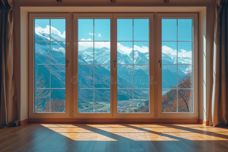 A Large Open Window with a View of a Field and a Tree Stock Image ...