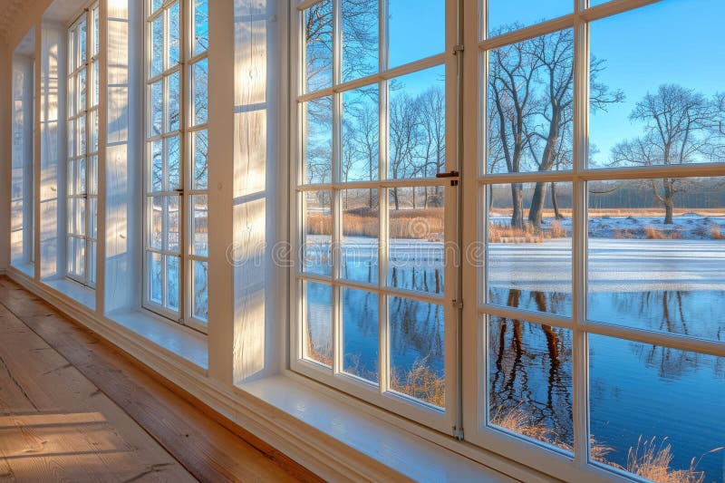 A Large Open Window with a View of a Field and a Tree Stock Photo ...
