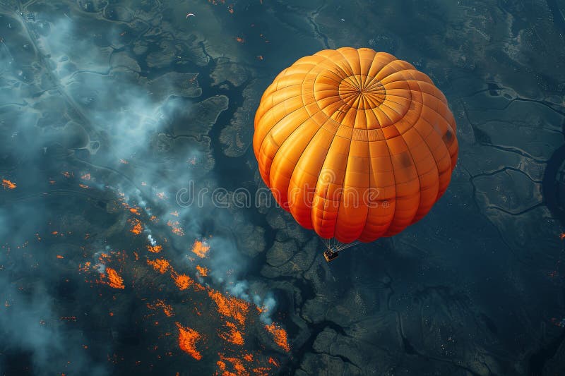 Large Orange Balloon is Floating in the Sky Above a Fire. Aerial View ...
