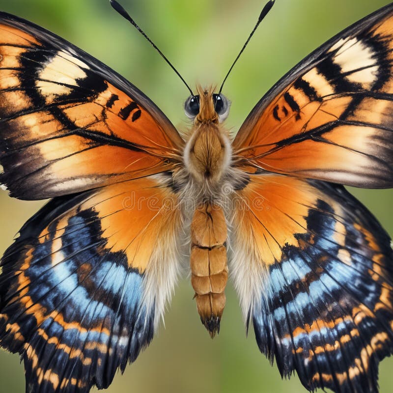 A Large Orange and Blue Butterfly with Very Sharp Wings on a Leaf Stock ...