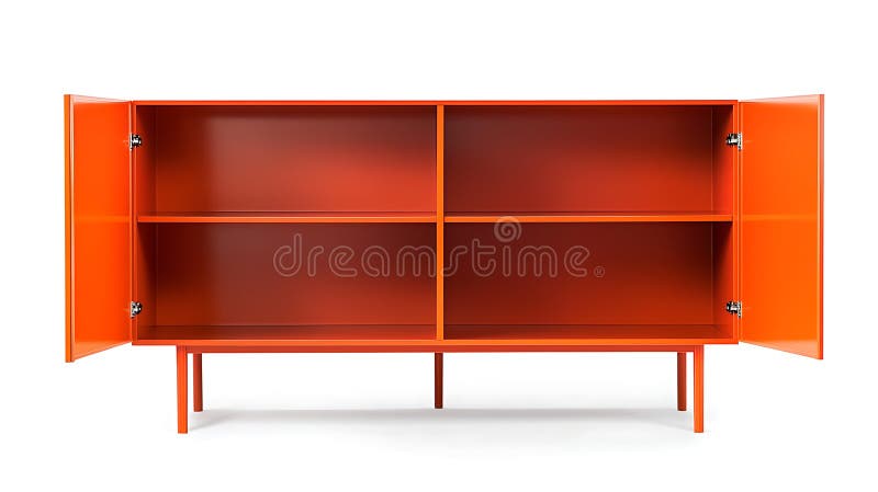A Large Orange Cabinet with Four Shelves and Two Open Doors Stock Image ...