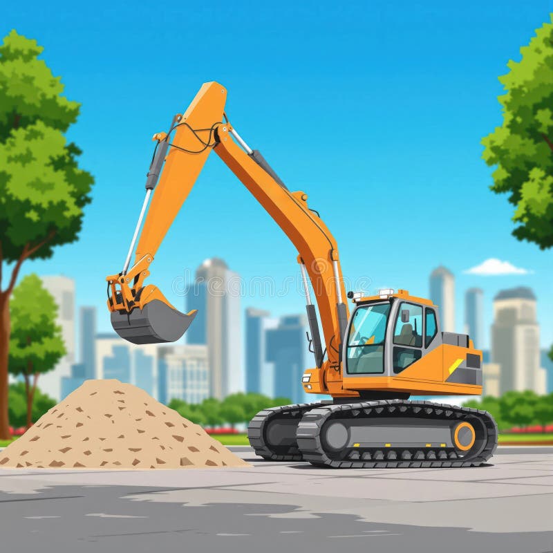 A Large Orange Construction Vehicle is Digging a Hole Stock ...