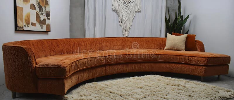 Large Orange Couch with a White Rug in Front of it Stock Image - Image ...