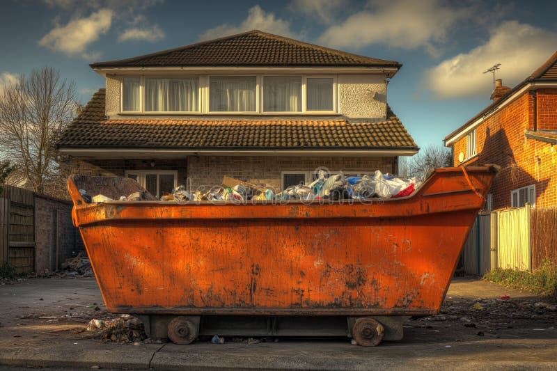 A Large Orange Dumpster Sits in Front of a Suburban House, Awaiting ...