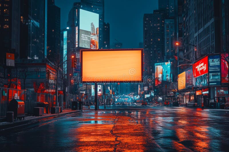 Large Orange Empty Billboard at Night, with Skyscrapers and Other ...