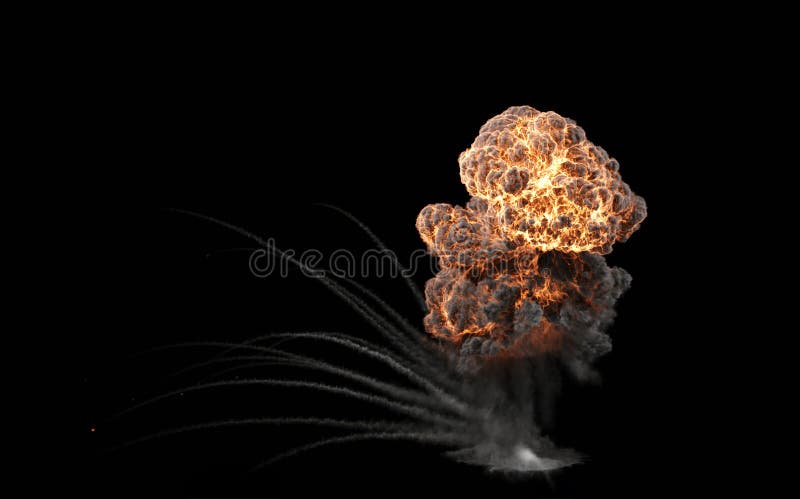Large Orange Ground Bubbly Explosion with Dense Smoke and Long Thin ...