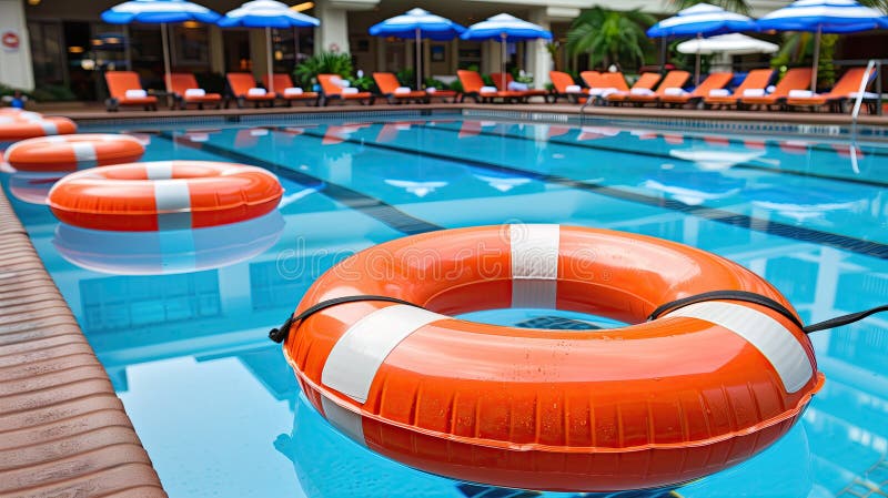 Large Orange Lifebuoys Rest in the Wild in the Pool Stock Photo - Image ...