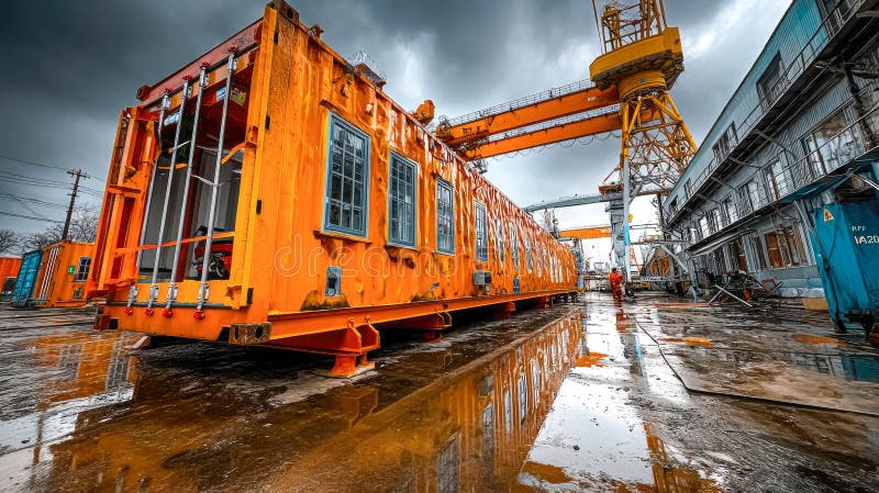 A Large Orange Modular Ship Structure at a Shipyard with Towering ...