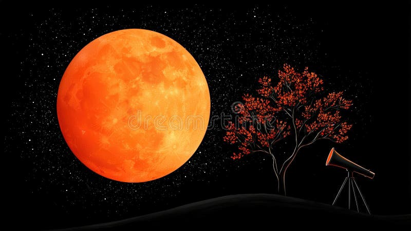 Large Orange Moon Over a Silhouette Landscape with a Telescope and Tree ...