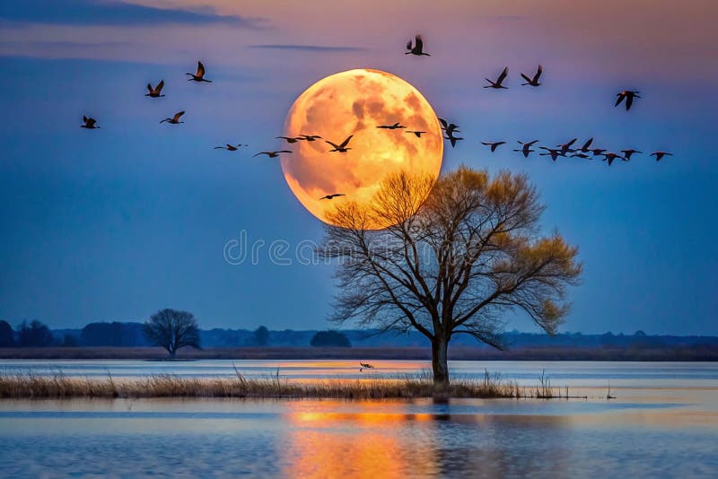 Large Orange Moon Rising Over Calm Lake with Flock of Birds Flying and ...