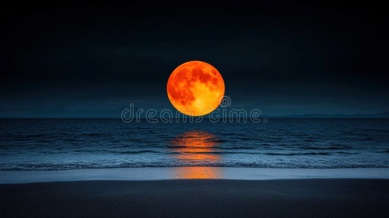 Large Orange Moon Rising Over Calm Ocean Waves at Dusk Stock ...