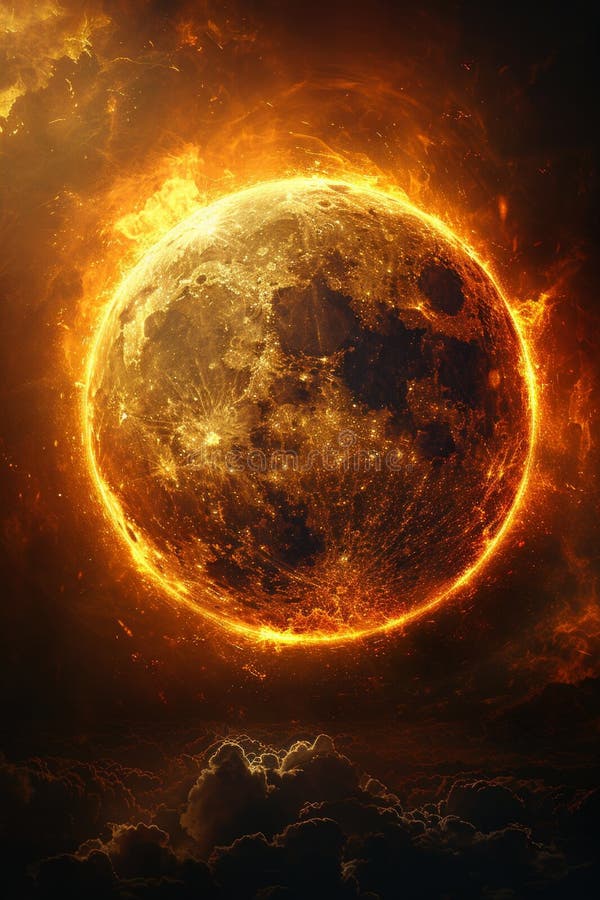A Large Orange Moon in the Sky with Clouds and Fire, AI Stock Image ...