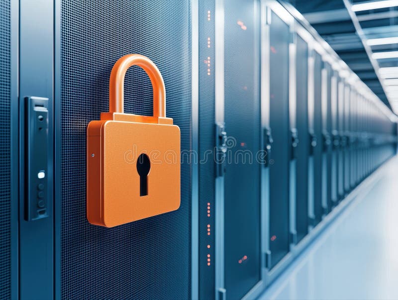 Large Orange Padlock Secured on a Dark-blue Server Rack in a Long Row ...