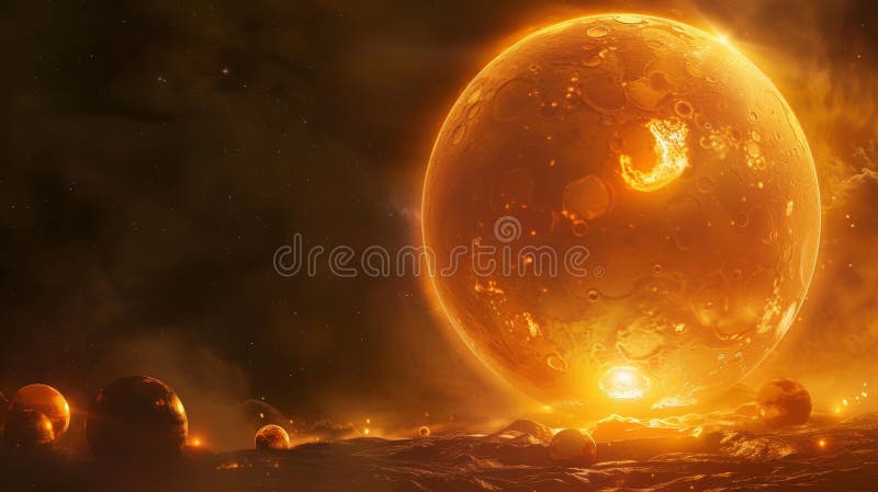 A Large Orange Planet is Surrounded by Smaller Planets Stock Photo ...