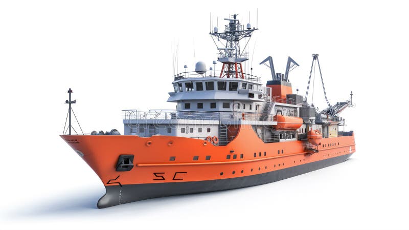 A Large Orange Research Ship with Multiple Decks and Antennas, Isolated ...