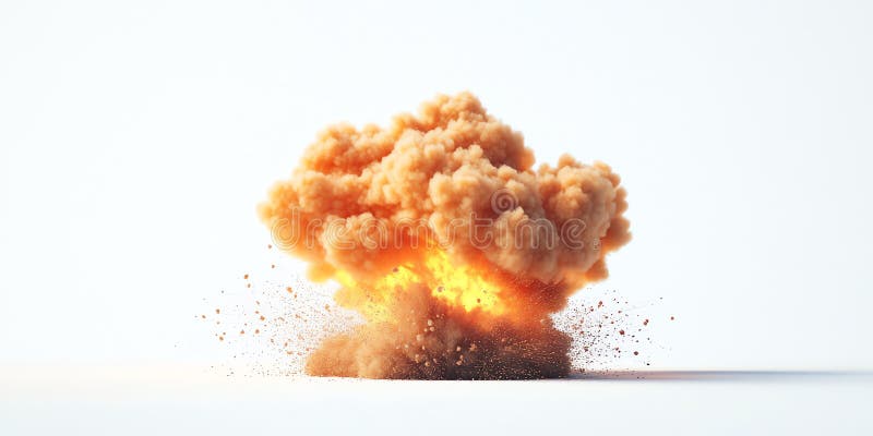 A Large Orange Smoke Cloud with Flames Exploding on a White Background ...