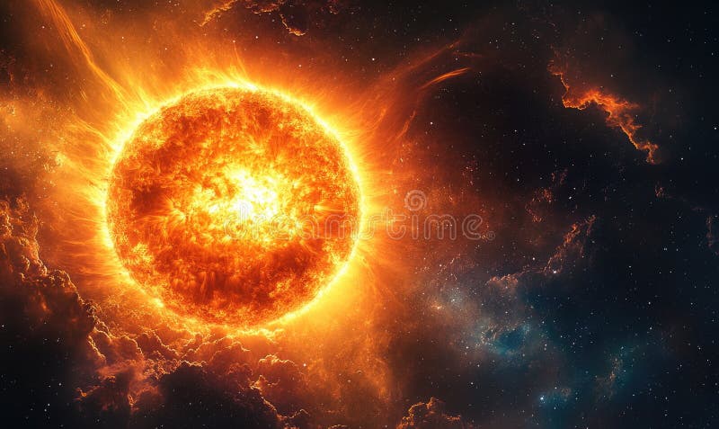 A Large Orange Sun is Surrounded by a Cloud of Dust and Gas Stock Photo ...