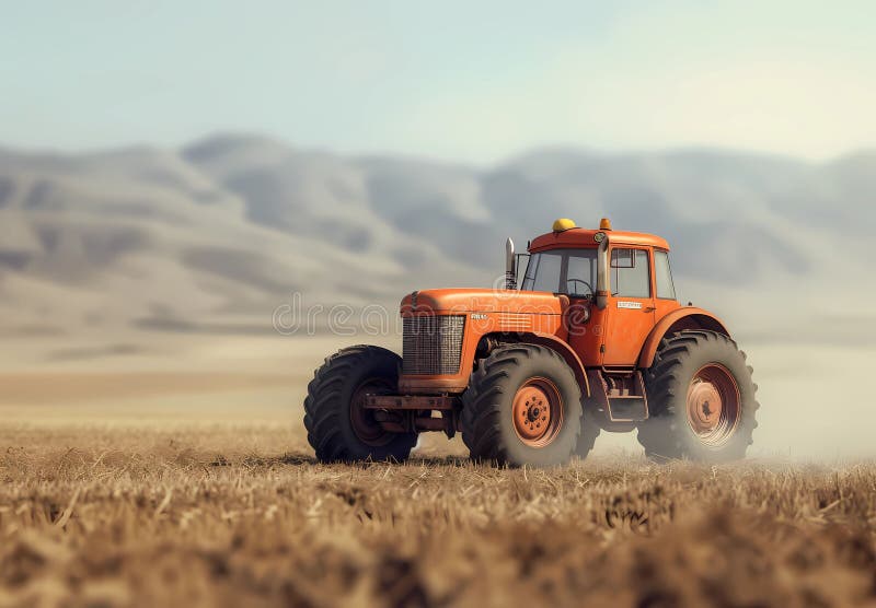 Orange Tractor in a Middle of a Field Stock Illustration - Illustration ...
