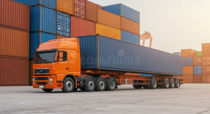 A Large Orange Truck Hauls a Gray Container, Surrounded by a Vibrant ...