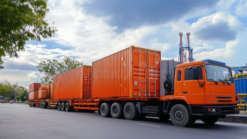A Large Orange Truck is Pulling a Trailer with Several Containers on it ...