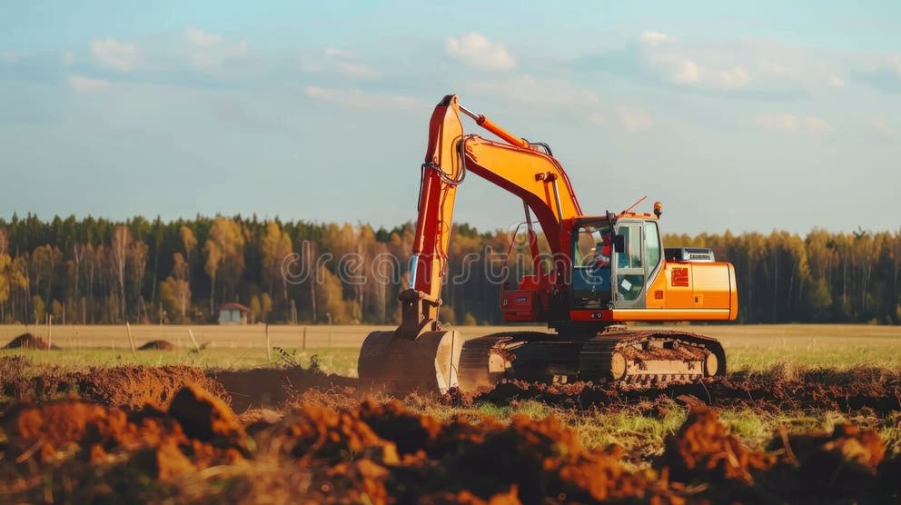 A Large Orange and Yellow Construction Vehicle is Digging into the Dirt ...