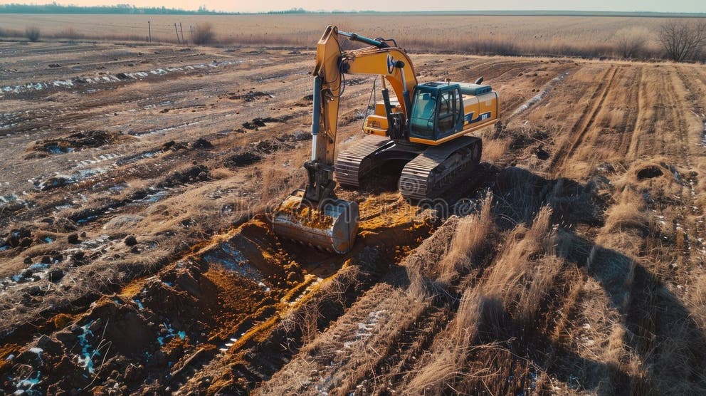 A Large Orange and Yellow Construction Vehicle is Digging into the Dirt ...