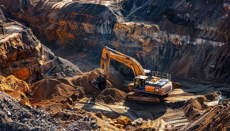 Large Orange and Yellow Construction Vehicle is Digging into the Ground ...