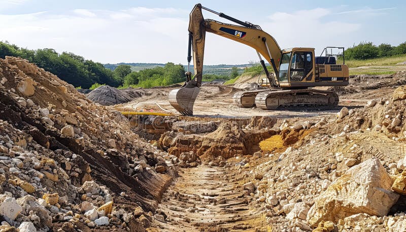 Large Orange and Yellow Construction Vehicle is Digging into the Ground ...